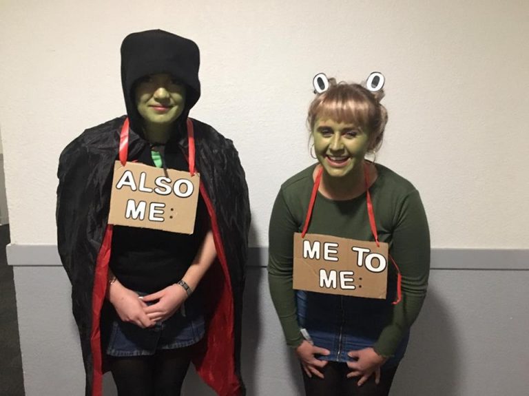 These girls dressed up as the also me meme for a night out