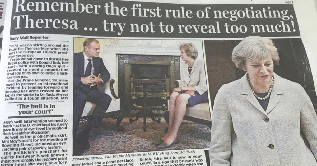 Front page news for the Daily Mail: Woman wears skirt